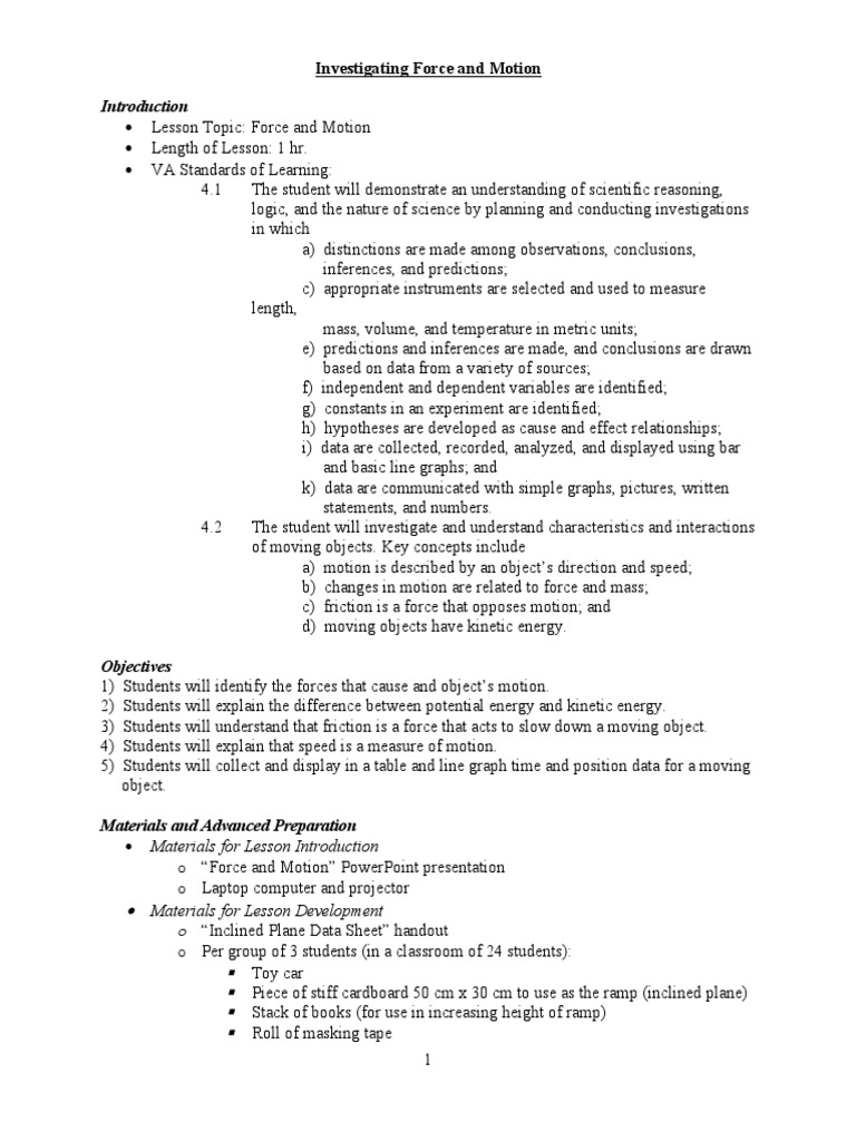 Force and Motion Lesson Plan | PDF | Force | Academic Discipline ...