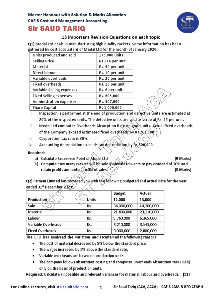 Sir Saud Tariq: 13 Important Revision Questions On Each Topic | PDF | Internal Rate Of Return ...