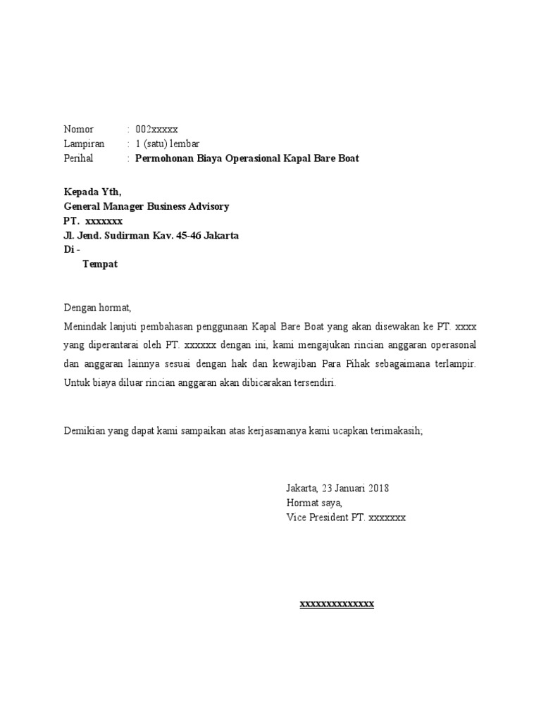 SURAT Permohonan Biaya Operasional Tangbut Tunda | PDF