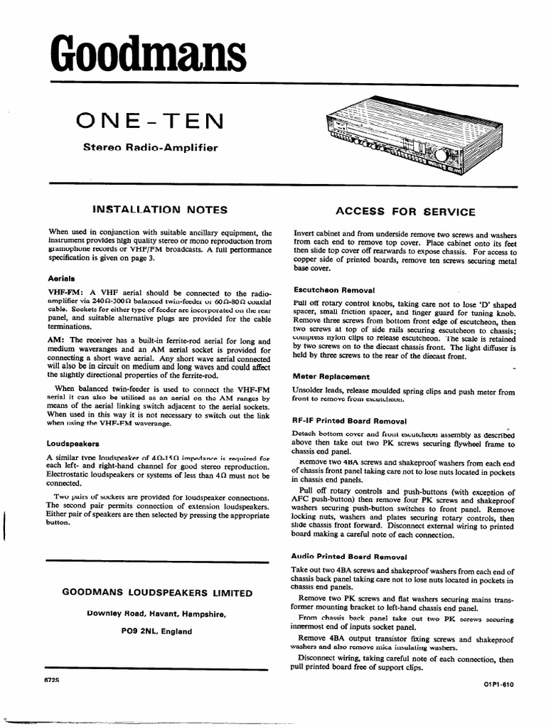 Goodmans One-Ten Service Manual | PDF