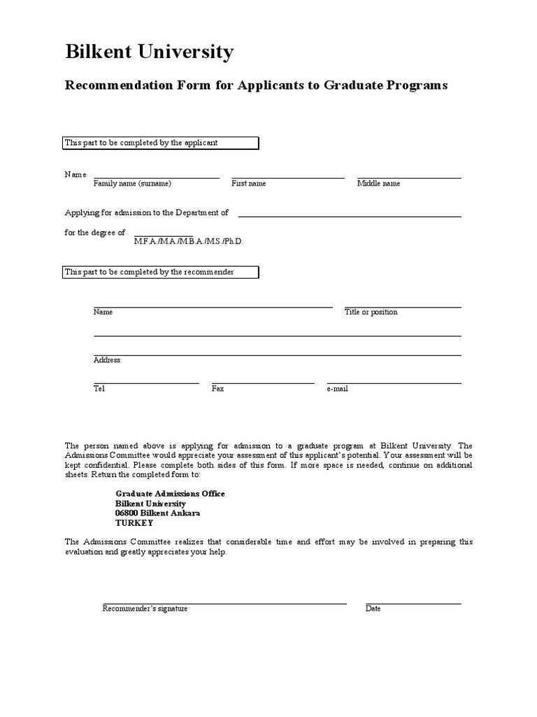 Bilkent University: Recommendation Form For Applicants To Graduate ...