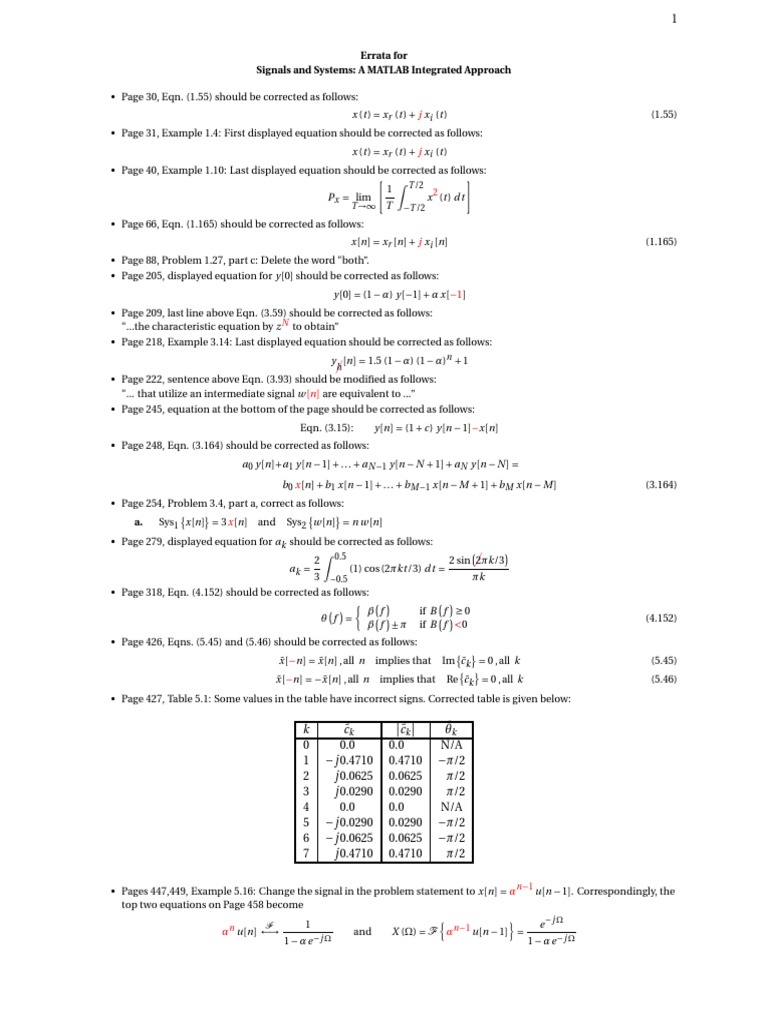 Errata For Signals and Systems: A MATLAB Integrated Approach | PDF | Teaching Mathematics ...