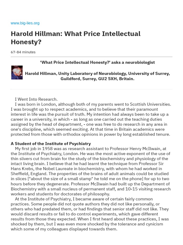 Harold Hillman - What Price Intellectual Honesty ? | PDF | Microscopy ...