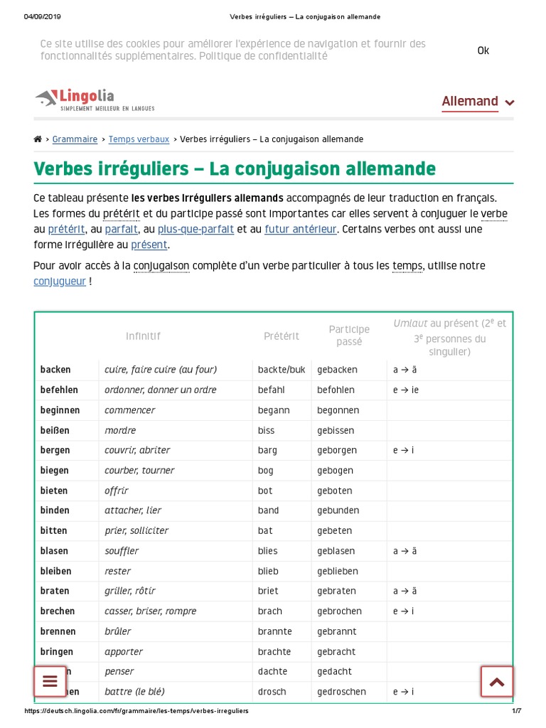 Liste des verbes irréguliers allemands | PDF | Verbe | Grammaire