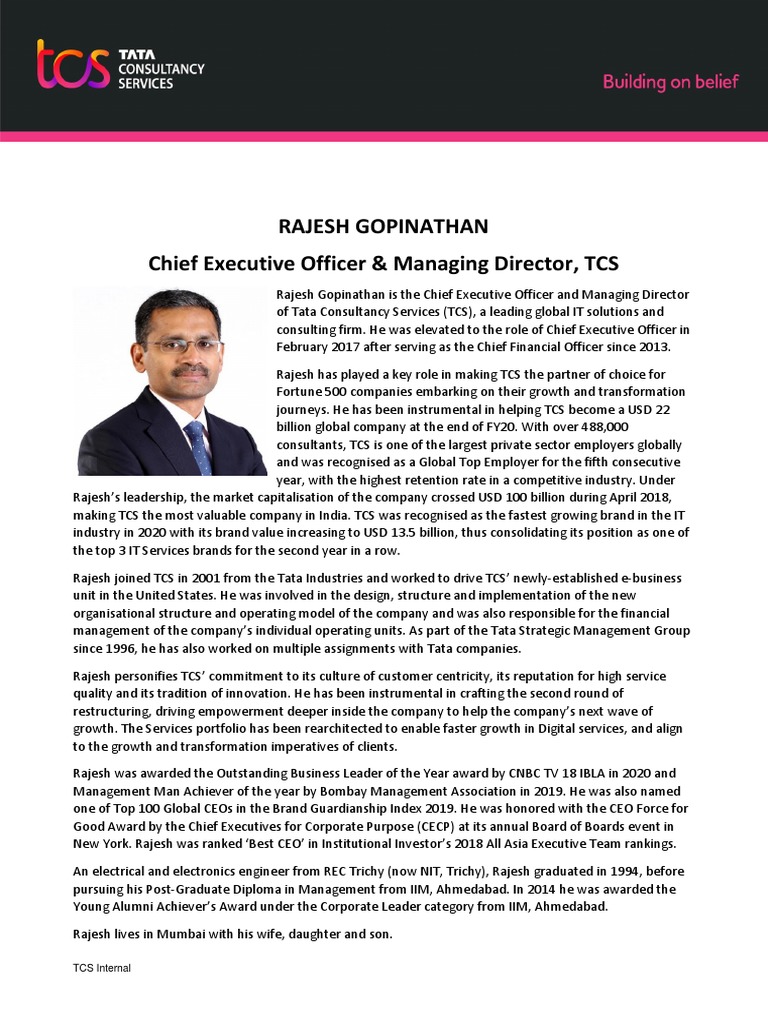 Rajesh Gopinathan: TCS CEO Profile | PDF | Economies | Business