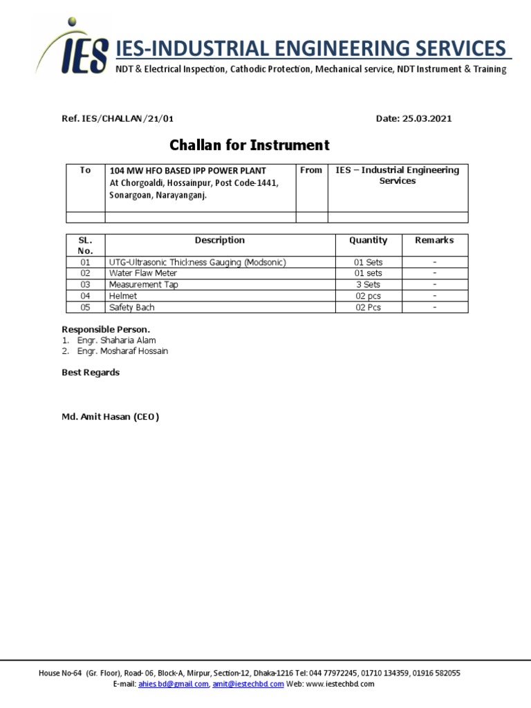 Ies-Industrial Engineering Services: Challan For Instrument | Download ...