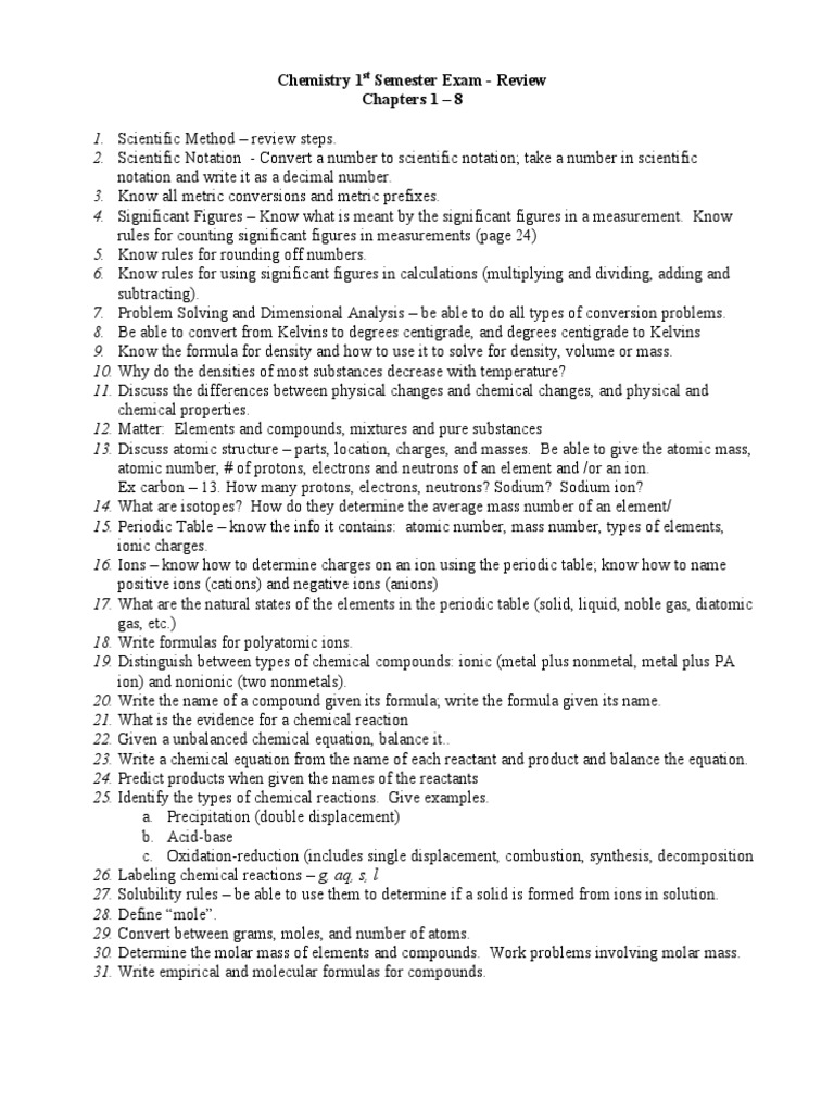 Chemistry 1st Semester Exam Review | PDF | Ion | Chemical Compounds