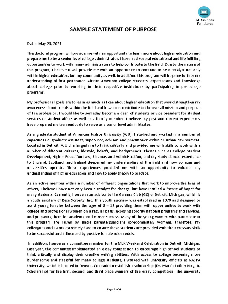 Sample Statement of Purpose | PDF | International Student | Student Affairs