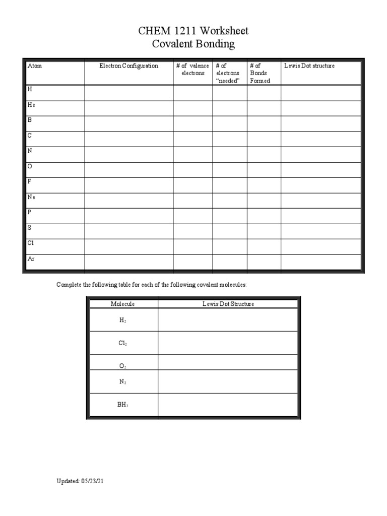 CHEM 1211 Worksheet Covalent Bonding | PDF