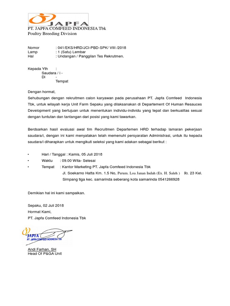 Surat Panggilan Tes Interview Finance & Accounting Juli 2018 | PDF