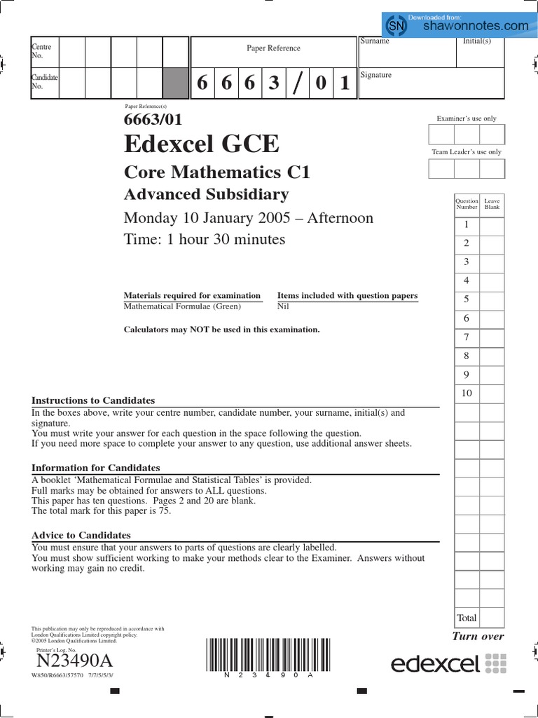 January 2005 QP - C1 Edexcel | PDF | Cartesian Coordinate System | Test ...