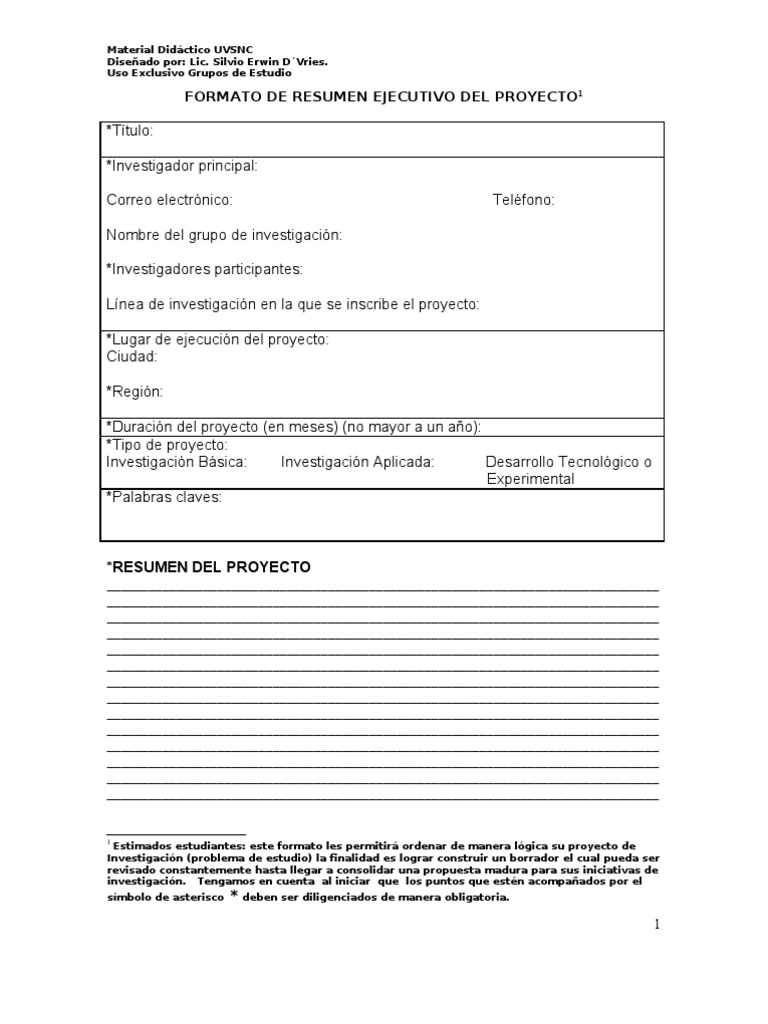 Formato de Resumen Ejecutivo Del Proyecto