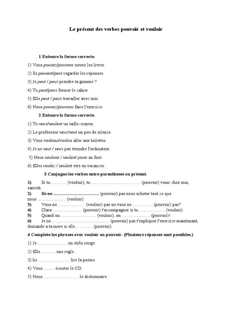 Le Présent Des Verbes Pouvoir Et Vouloir - Exercices | PDF