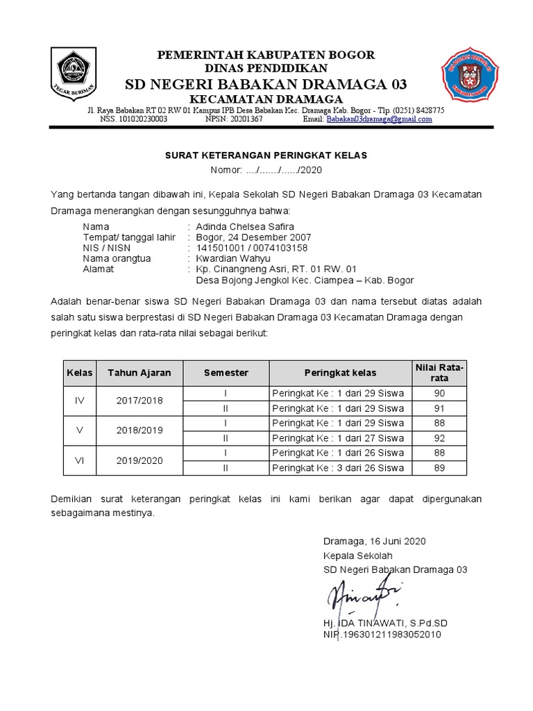 Surat Keterangan Peringkat Kelas | PDF