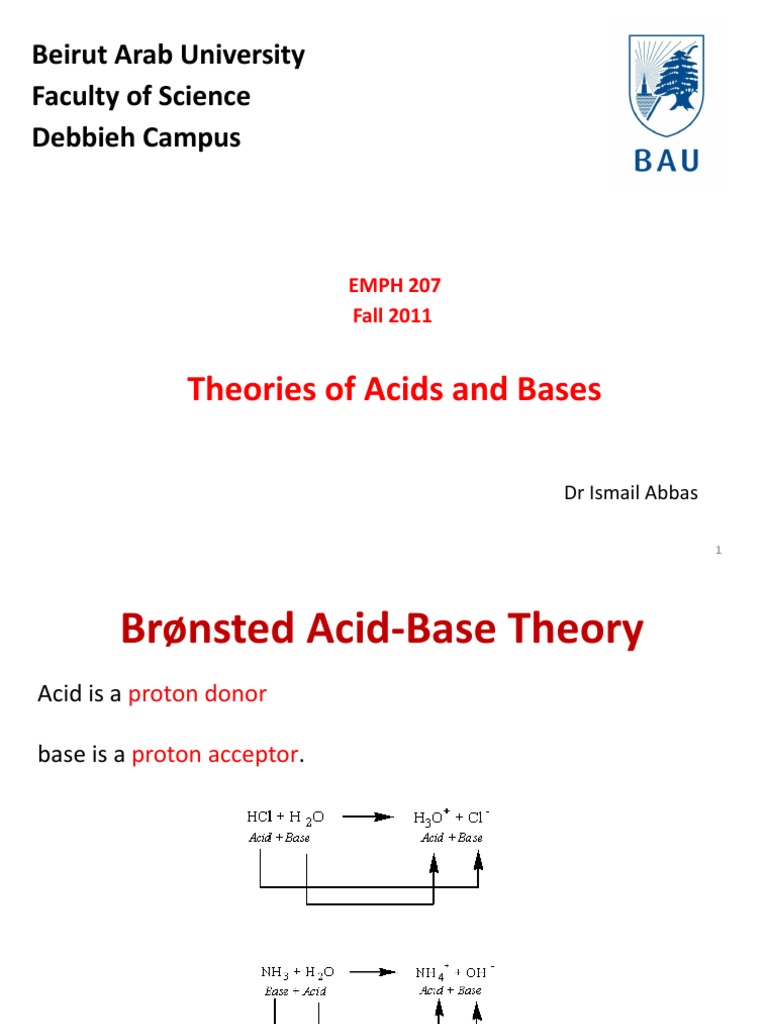 Theories of Acids and Bases: Beirut Arab University Faculty of Science ...