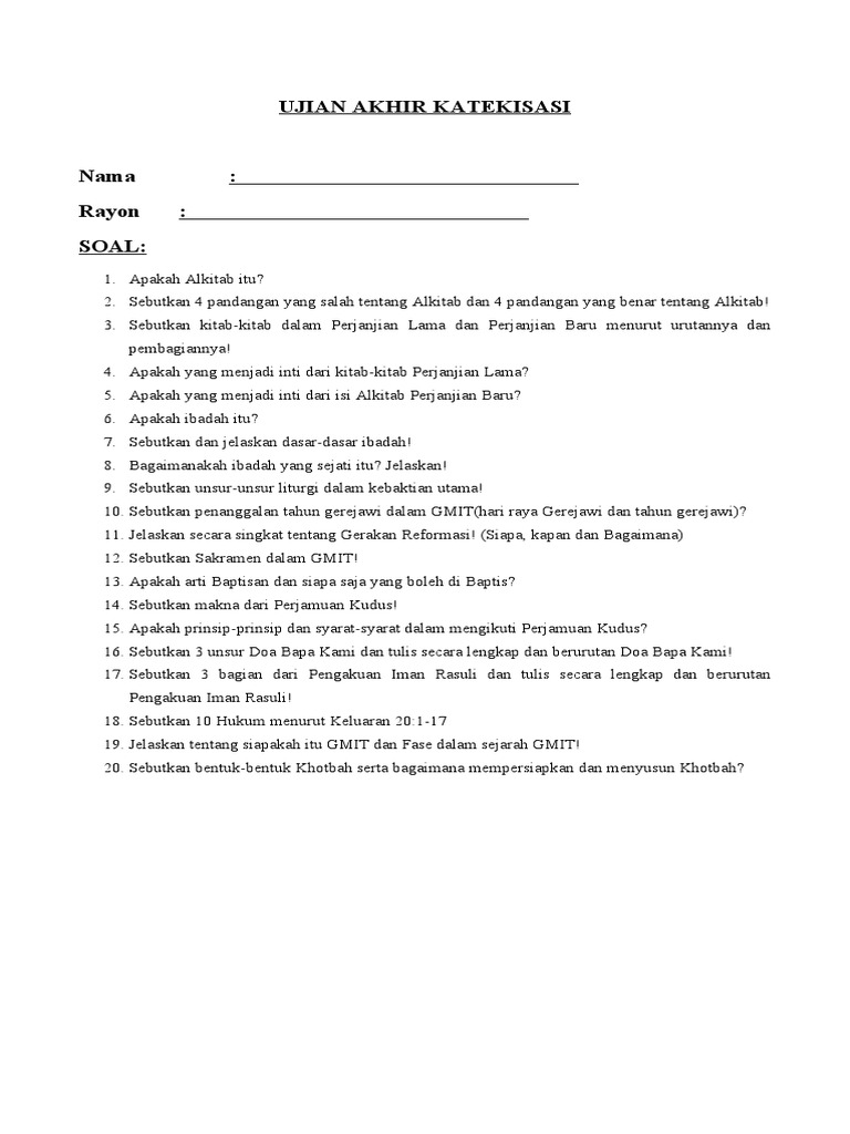 Lembaran Soal Ujian Akhir Katekisasi | PDF