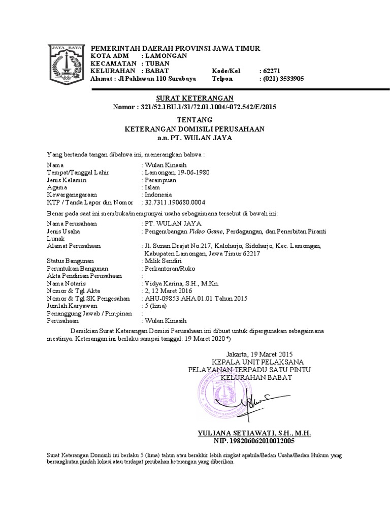 Surat Keterangan Domisili Perusahaan PTWJ | PDF