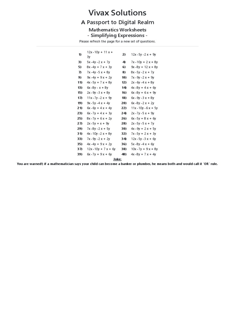 Algebra Expressions - Year 8 Math Worksheets - Vivax Solutions2 | PDF ...