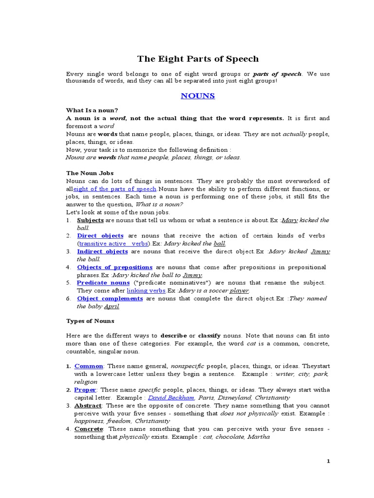 The Eight Parts of Speech: Nouns | PDF | Verb | Adverb