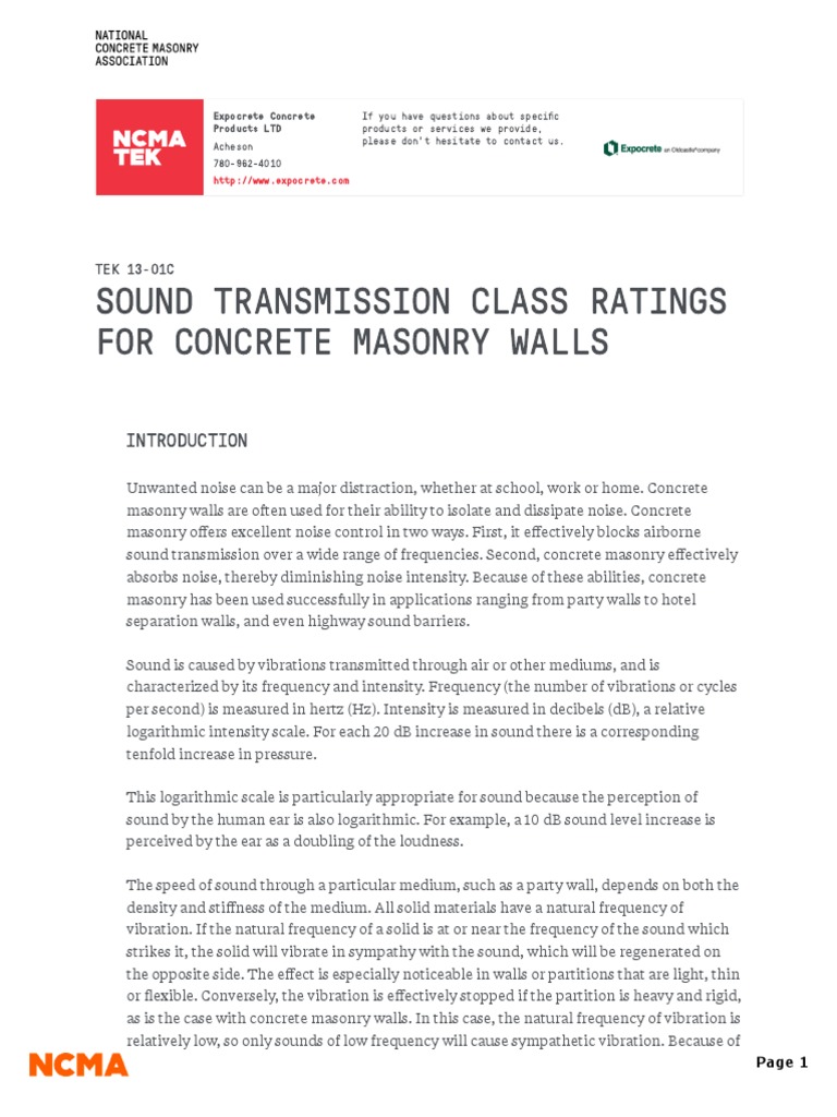 Sound Transmission Class Ratings For Concrete Masonry Walls | PDF ...