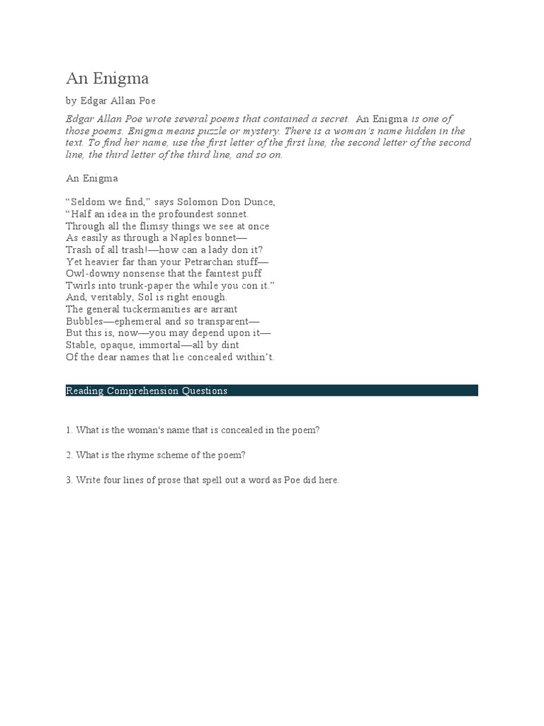 An Enigma: Reading Comprehension Questions | PDF
