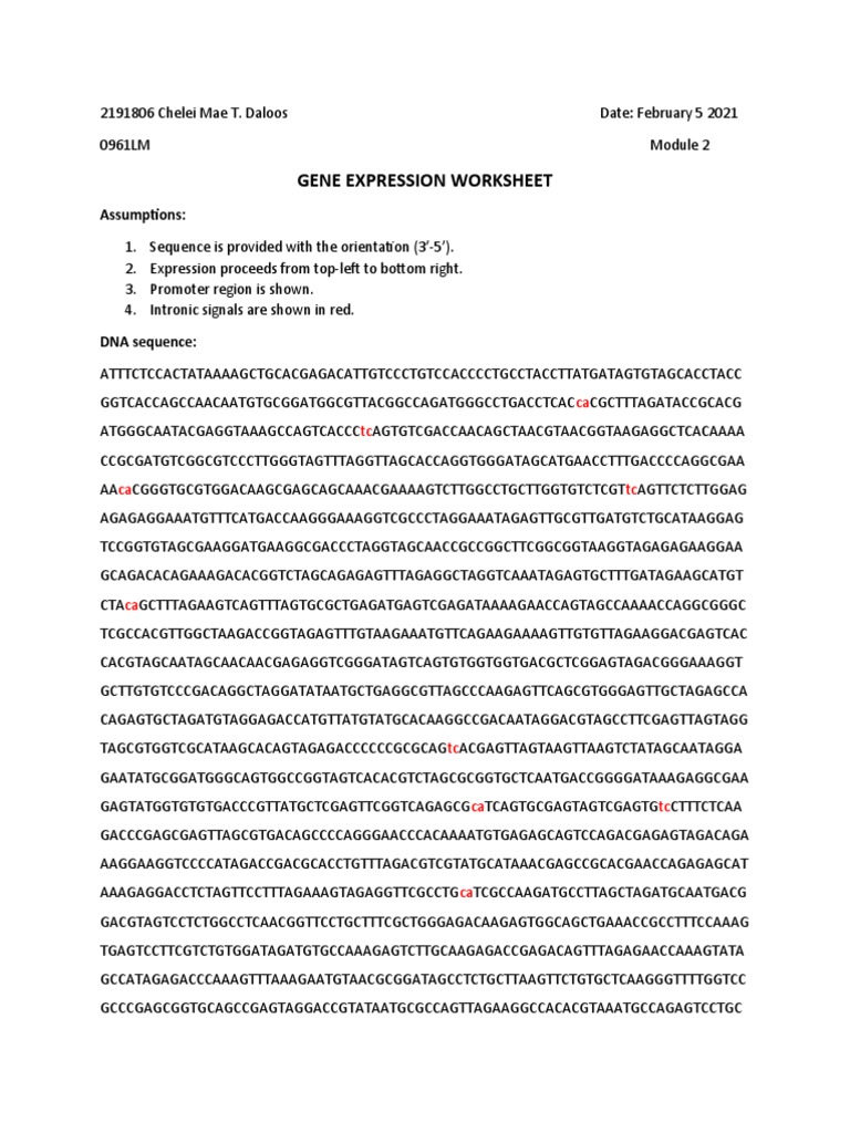 Gene Expression Worksheet and Answers | PDF | Biochemistry | Chemistry