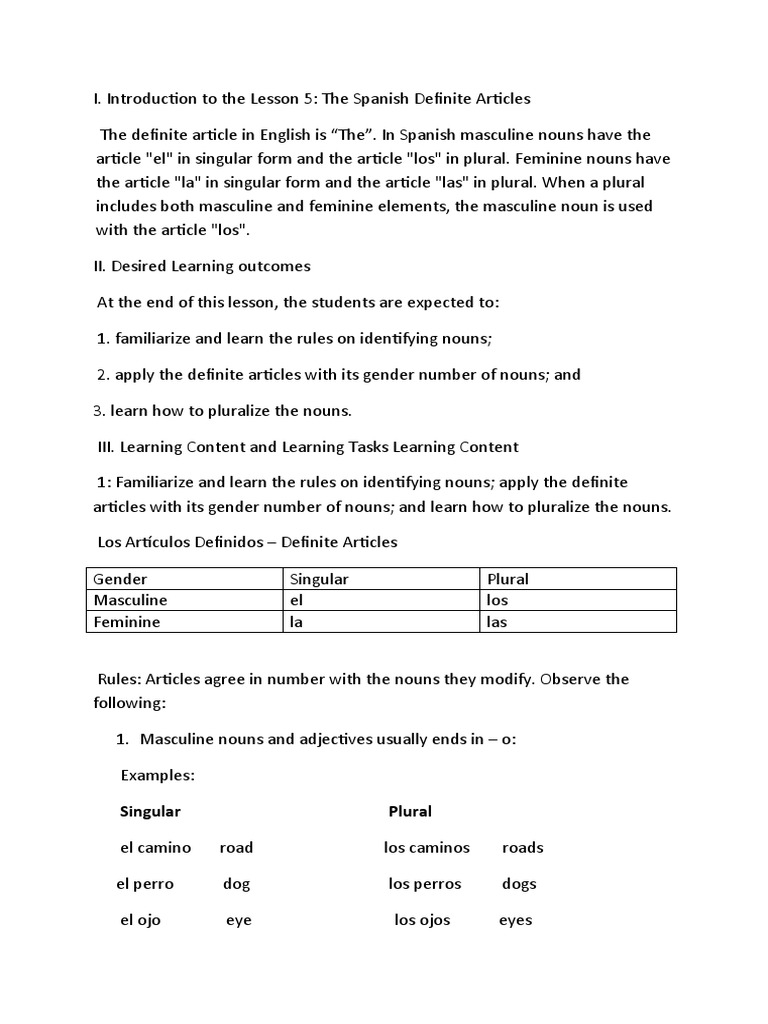 Los Articulos Definidos Actividades | PDF | Grammatical Gender ...