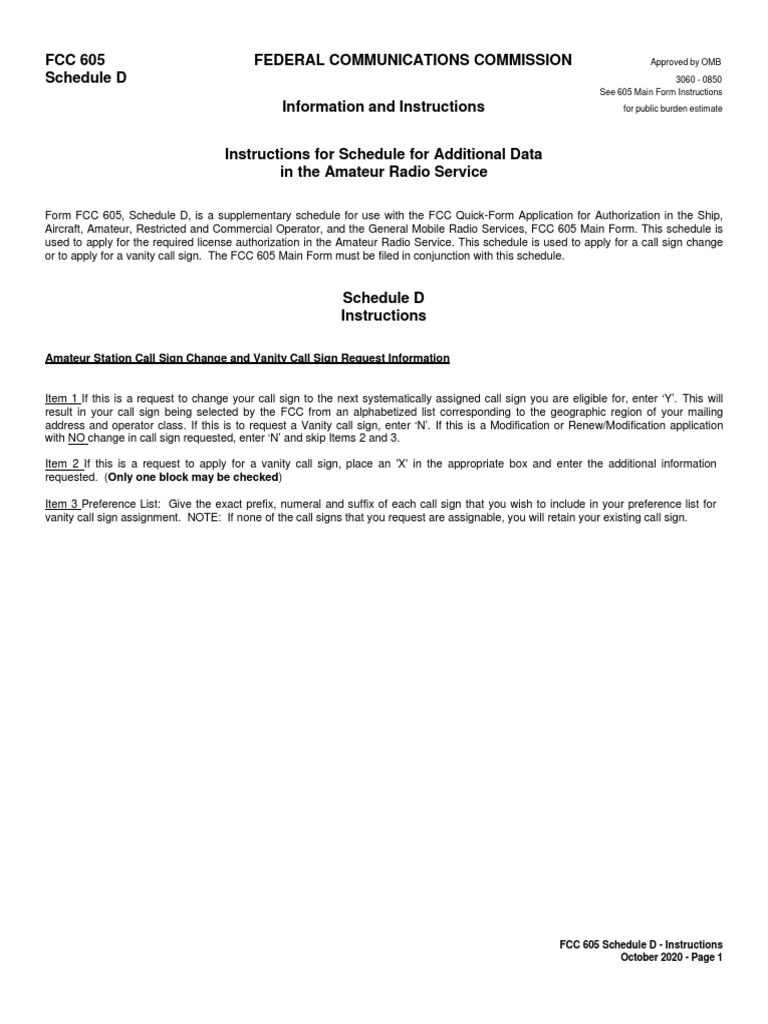 FCC 605 Federal Communications Commission Schedule D Information and ...
