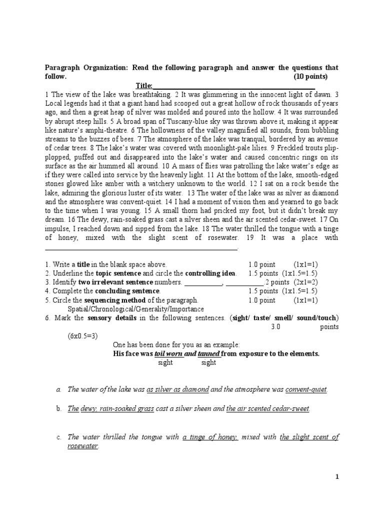 Paragraph Organization: Read The Following Paragraph and Answer The ...