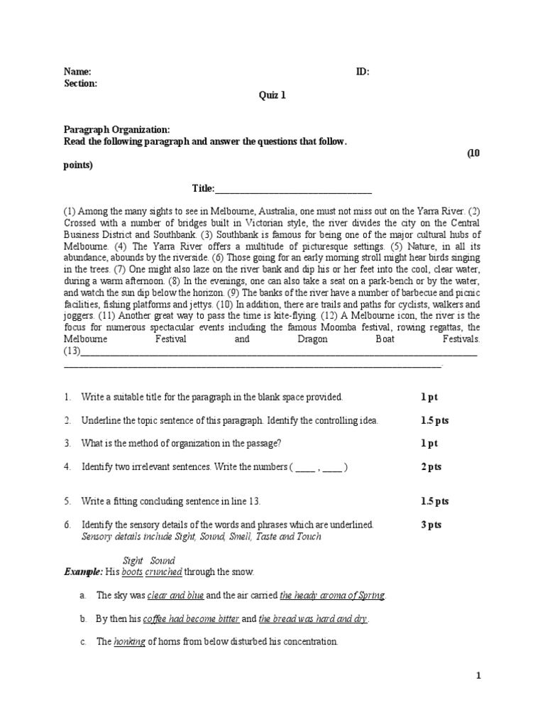 Quiz1 ENG 102 Paragraph Organization | PDF | Nature