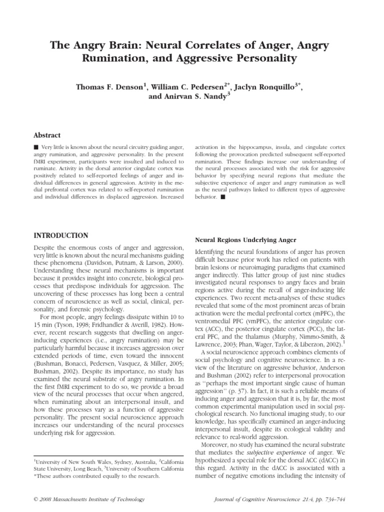 Neural Correlates of Anger and Aggression | PDF | Cingulate Cortex ...