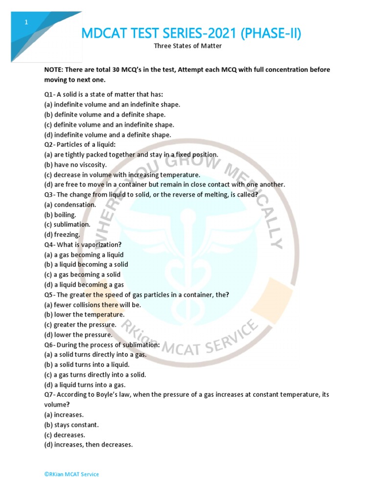 Test-03 - MDCAT Test Series 2021 Phase-II | PDF | Gases | Liquids