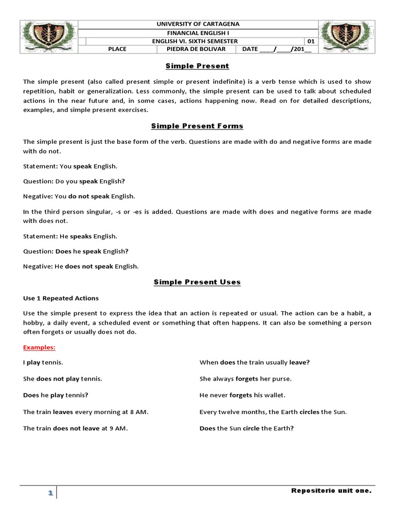 Lecturas Principales. Present Simple Tense. | PDF | Verb | Linguistic ...