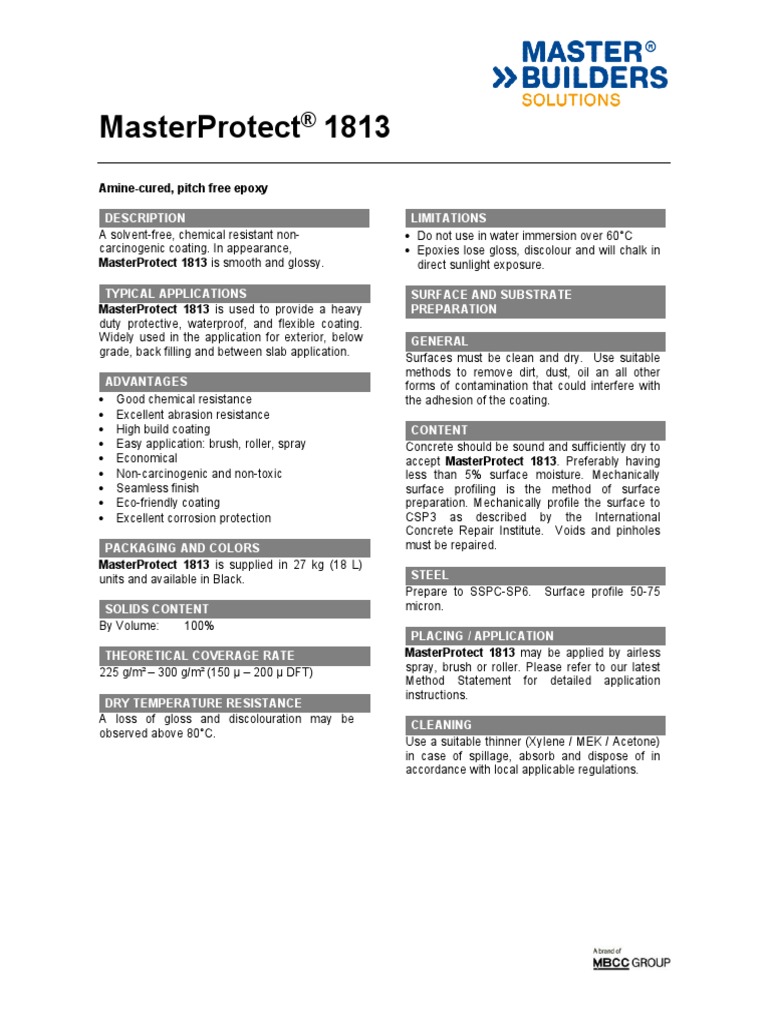 Masterprotect 1813: Amine-Cured, Pitch Free Epoxy | PDF | Epoxy | Safety
