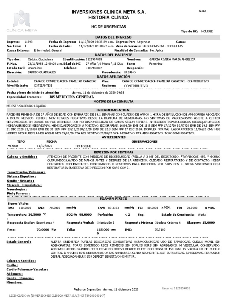 Inversiones Clinica Meta S.A. Historia Clínica: HC de Urgencias | PDF ...
