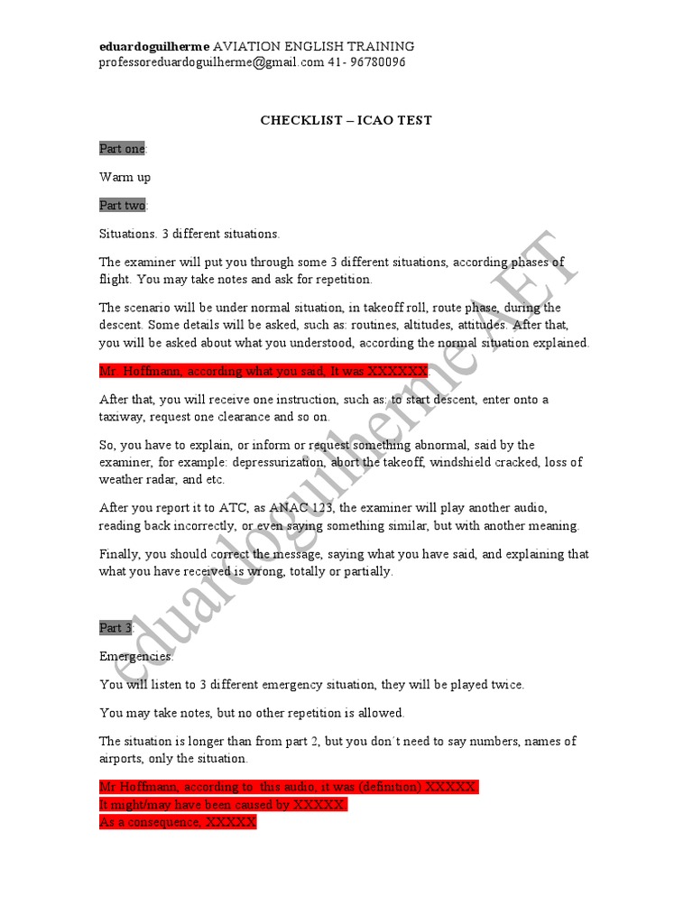 ICAO Aviation English Test Checklist | PDF | Air Traffic Control | Airliner