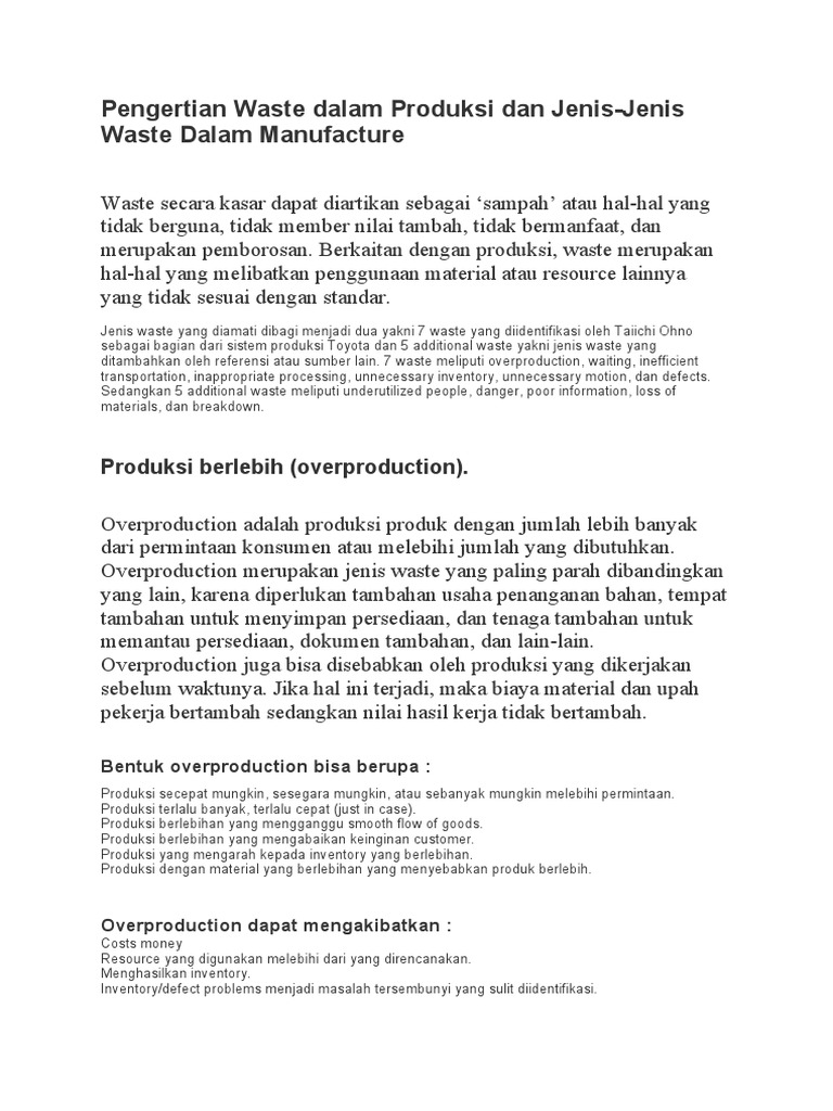 Pengertian Waste Dalam Produksi Dan Jenis | PDF