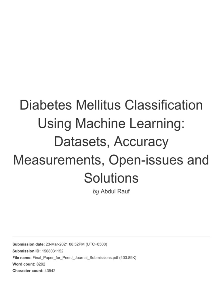 Diabetes Mellitus Classification Using Machine Learning - Datasets ...