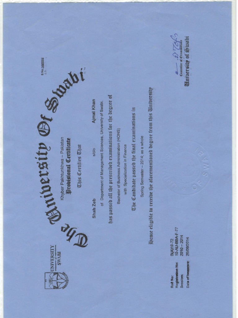 Bba Provisional Certificate | PDF