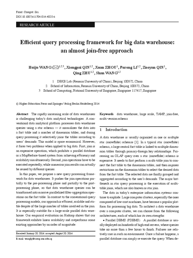 Efficient Query Processing Framework For Big Data Warehouse - An Almost Join-Free Approach | PDF ...