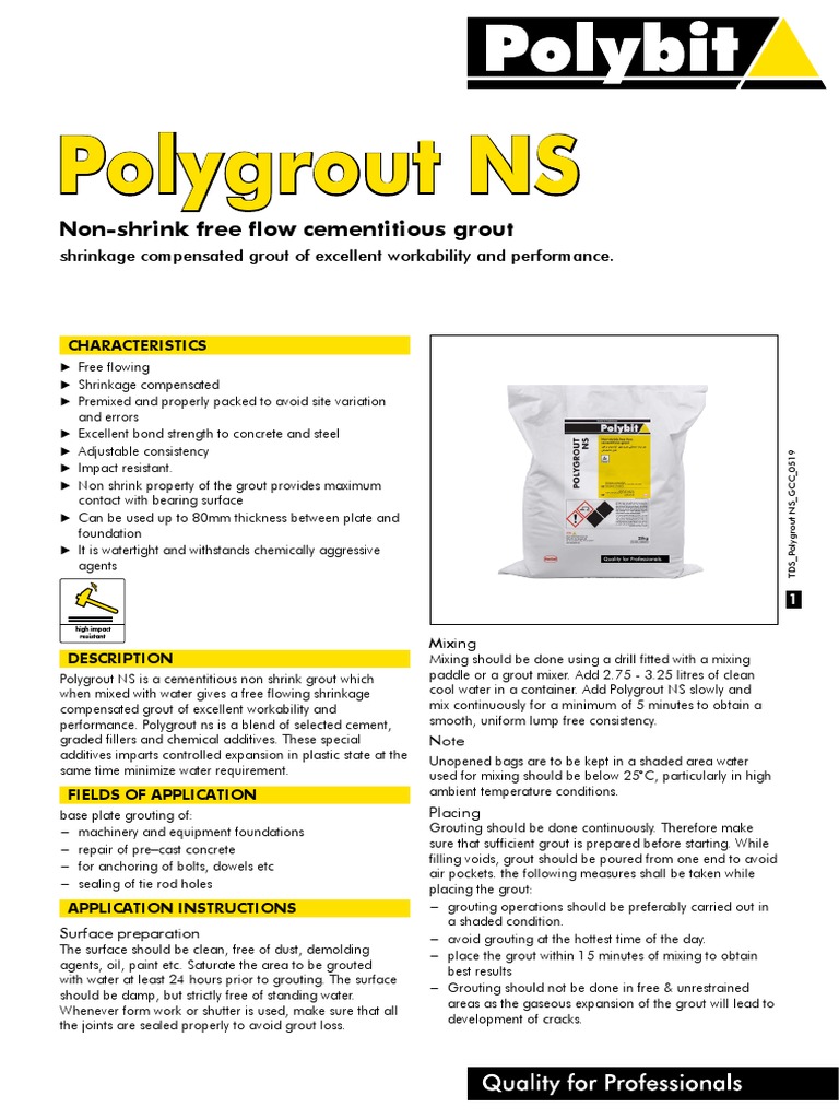 Polygrout NS: Non-Shrink Free Flow Cementitious Grout | PDF | Shelf Life | Casting (Metalworking)