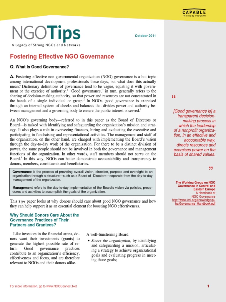 NGOTips - Fostering Effective NGO Governance | PDF | Governance | Non ...