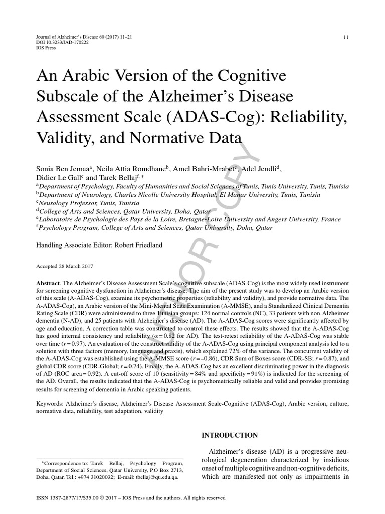 An Arabic Version of The Cognitive Subscale of The Alzheimer's Disease Assessment Scale (ADAS ...