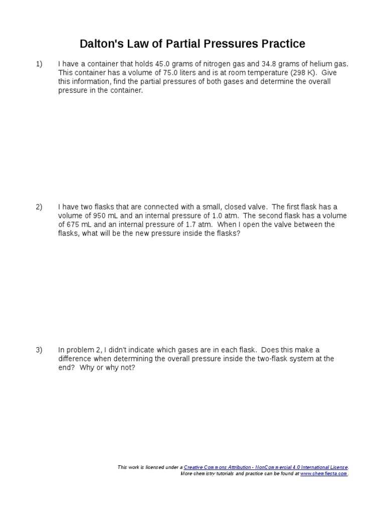 Daltons Law of Partial Pressures Practice | PDF | Gases | Continuum ...