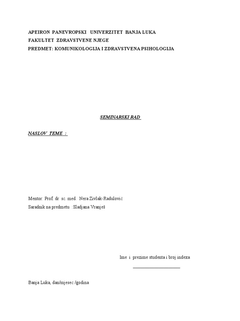 Seminarski Radovi Komunikologija I Zdravstvena Psihologija | PDF