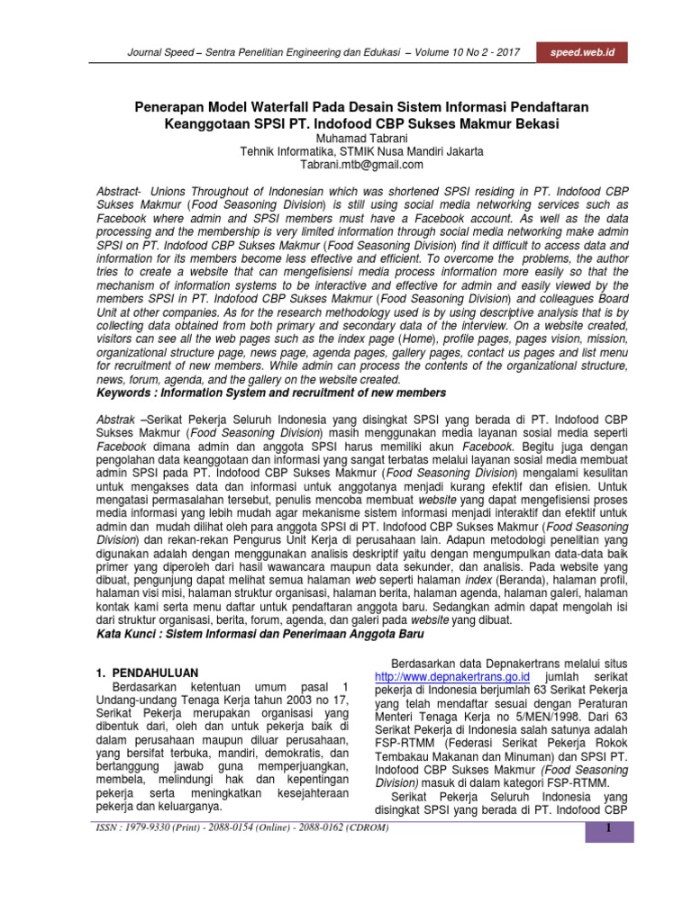 Penerapan Model Waterfall Pada Desain Sistem Informasi Pendaftaran Keanggotaan SPSI PT. Indofood ...