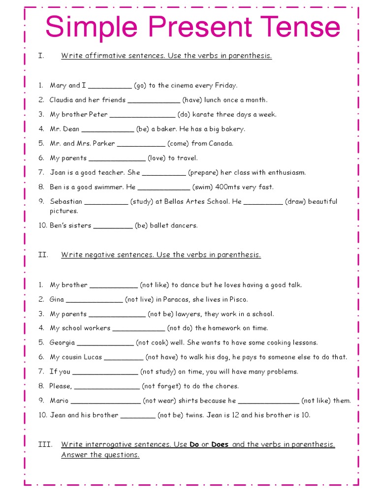 Simple Present Tense: I. Write Affirmative Sentences. Use The Verbs in ...