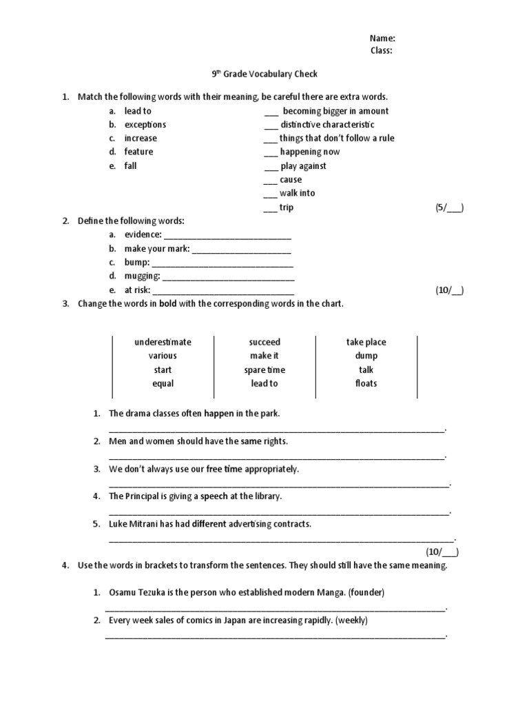 9th Grade Vocabulary Worksheet | PDF | Manga