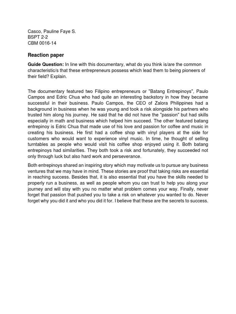 Reaction Paper: Guide Question: in Line With This Documentary, What Do ...