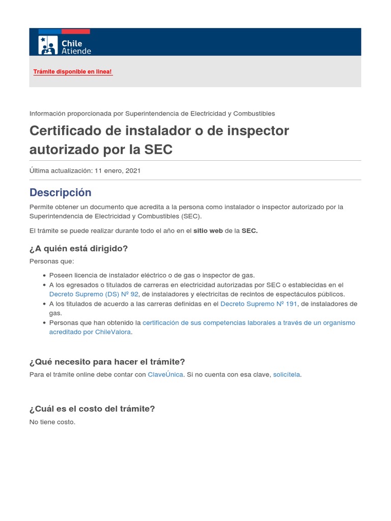 Certificado SEC: Instalador/Inspector Autorizado | PDF